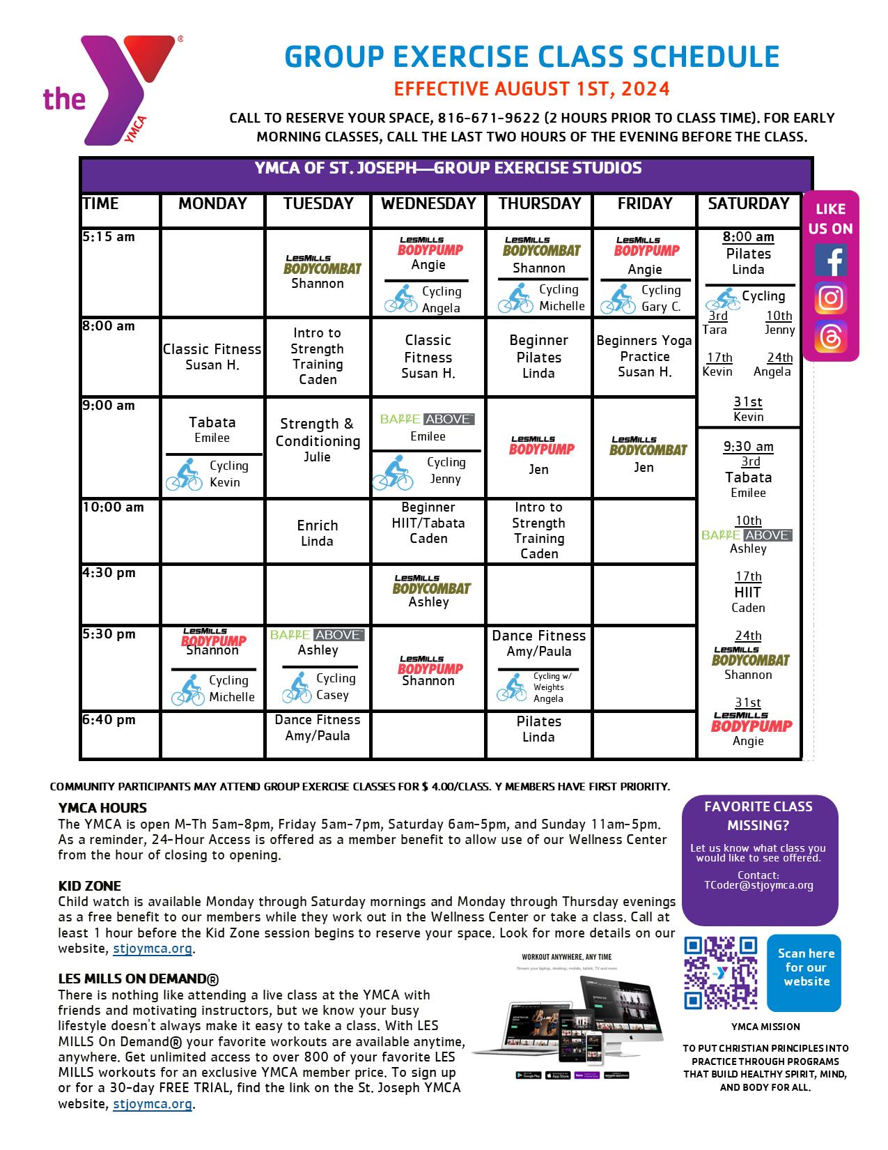 Group Exercise Class Schedule | St. Joseph YMCA
